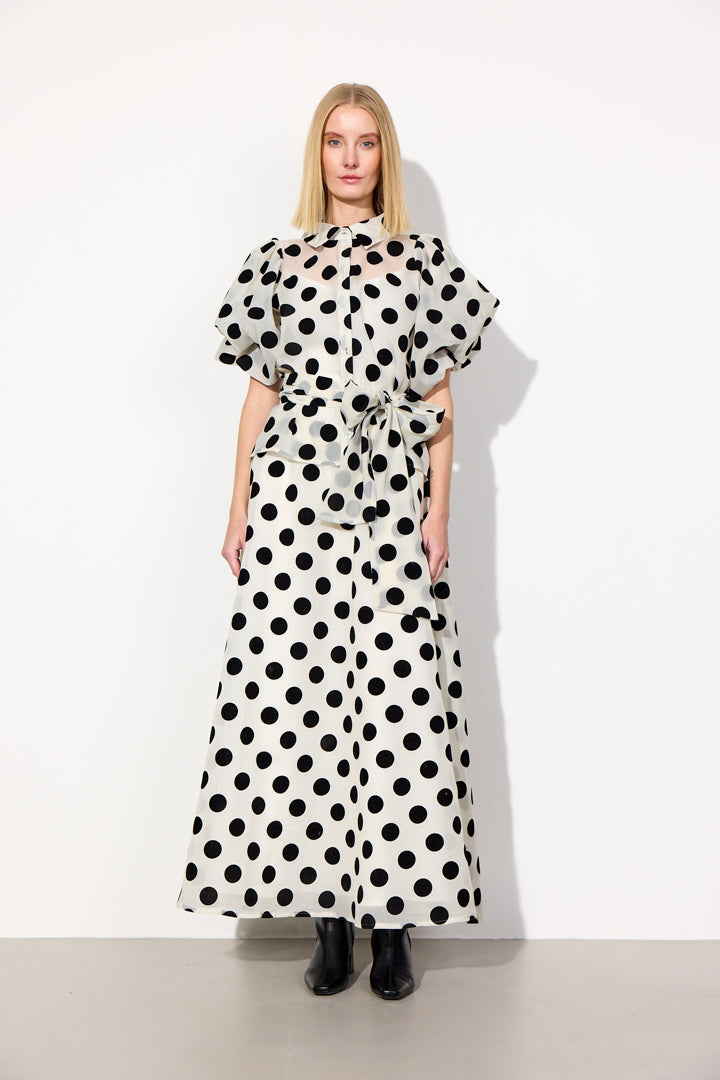 Bobby Long Skirt - White w/ dots